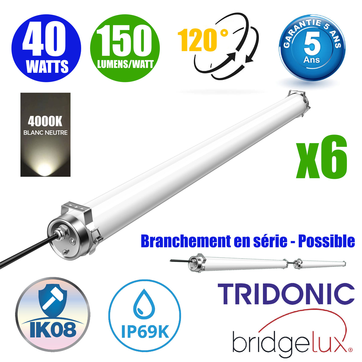 Pack de 6x Tubes LED étanches 120cm - Série TUBIX - 40 Watts - 6000 ...